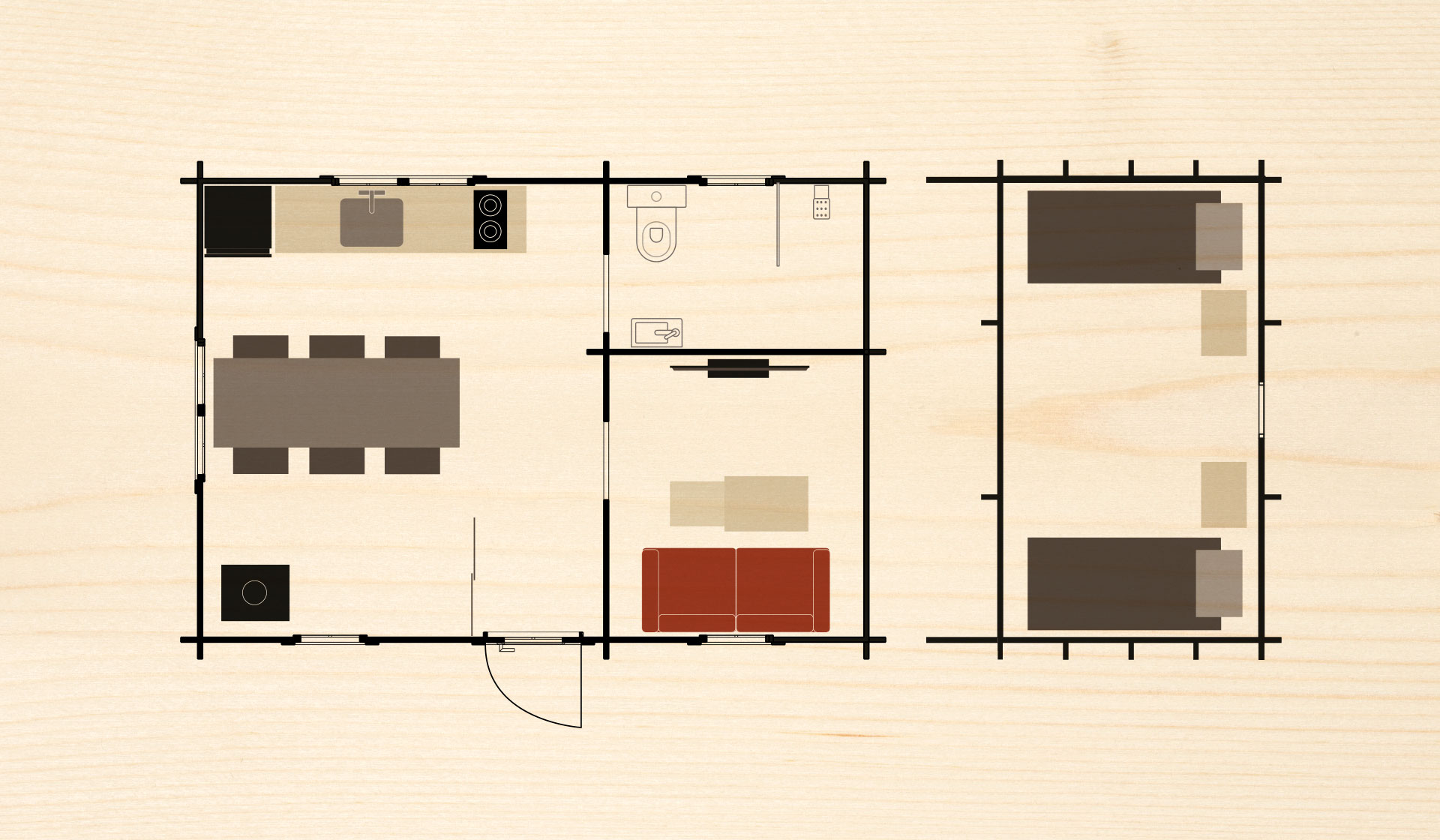 Bure stuga med loft - Massiva trägolv, paneler, hus & stugor
